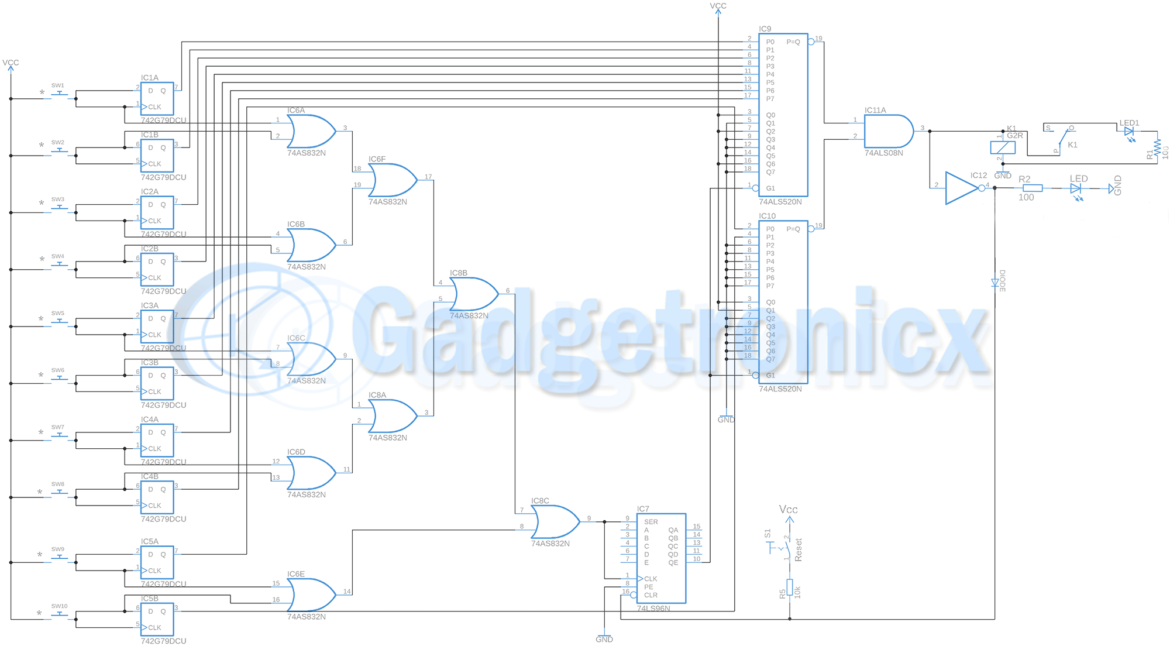 Digital code lock circuit without using Microcontroller - Gadgetronicx ...